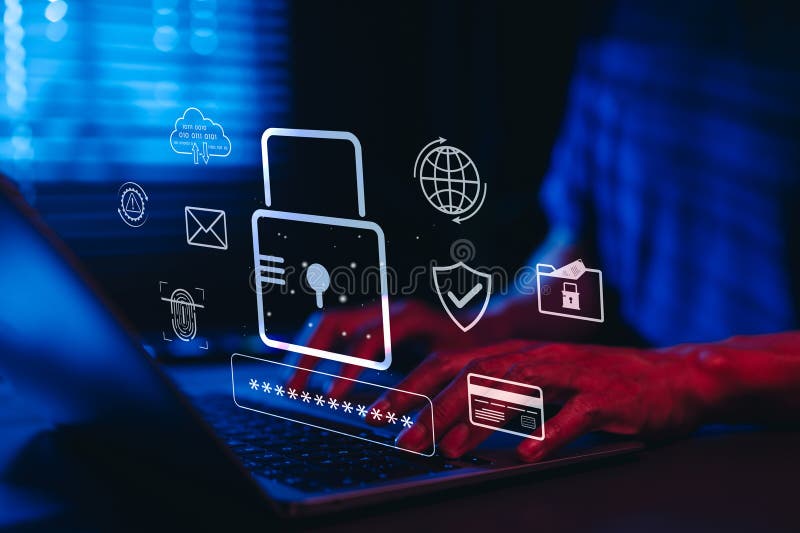 Cybersecurity and Data Protection Technology Concept. Hands Typing on a ...