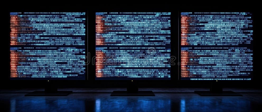 Cybersecurity Data Streams Multiple Monitors Displaying Complex Code and Digital Information ...