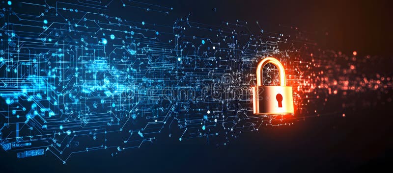 Cybersecurity Digital Lock with Blue and Orange Data Streams Dark ...
