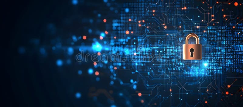 Cybersecurity Digital Lock with Blue and Orange Data Streams Dark ...