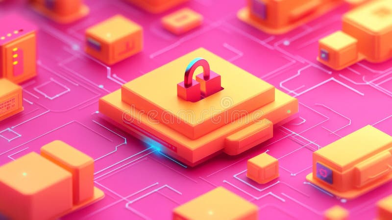 Cybersecurity Digital Lock on Circuit Board: Pink Orange 3D Cubes ...