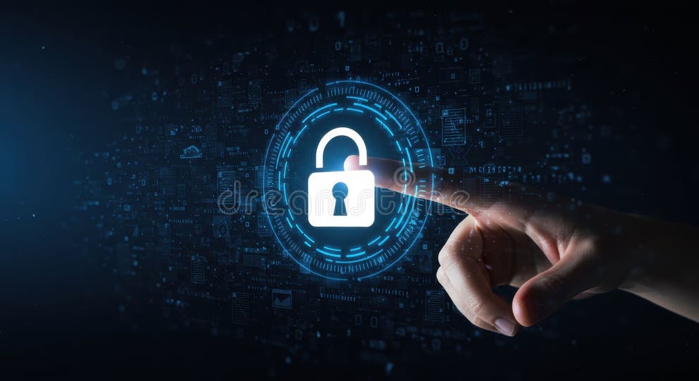 Cybersecurity: Digital Lock, Hand Gesture, Futuristic Interface Stock ...