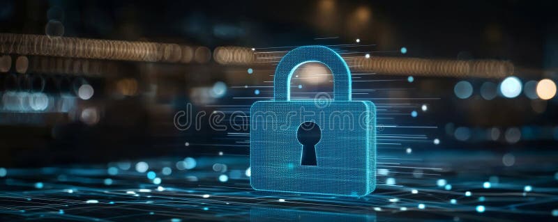 Cybersecurity a Digital Lock in a Network of Lights, 3D Render, Blue ...