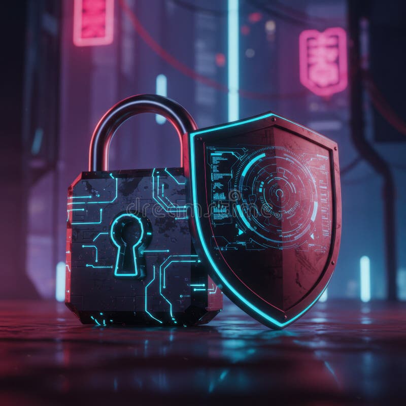 Cybersecurity Digital Lock and Shield Neon Lights Stock Illustration ...