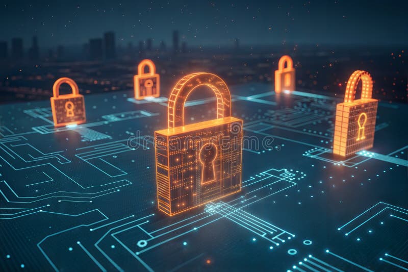 Cybersecurity: Digital Locks on a Circuit Board Stock Illustration ...