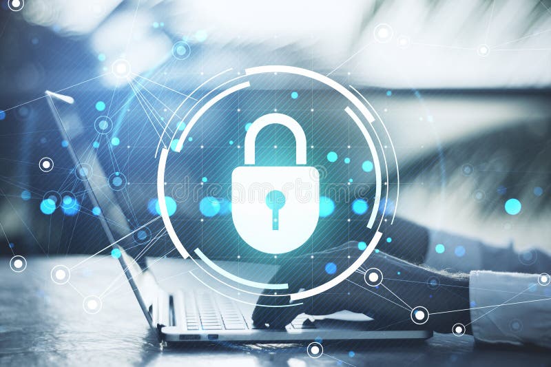 Cybersecurity Digital Padlock Icon Network Connections Abstract Blue ...