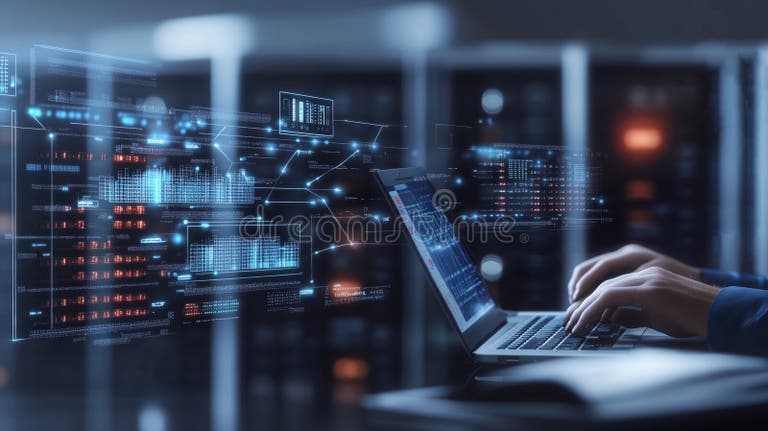 Cybersecurity Engineer Analyzing Data in High-Tech Environment Stock ...