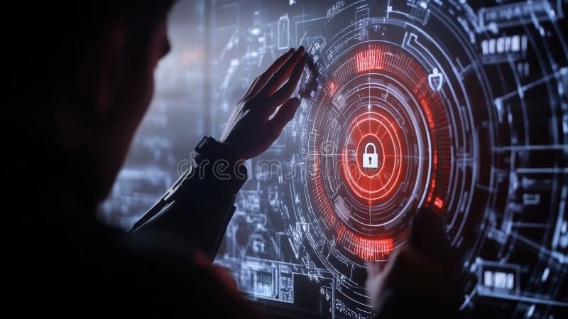 Cybersecurity Engineer Protecting Data with Futuristic Interface Lock ...