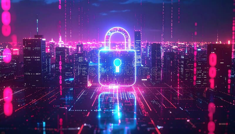 Cybersecurity Event Digital Lock Visualization Over Cityscape ...