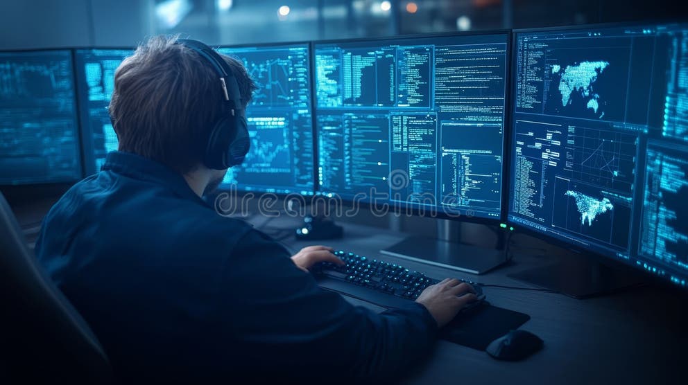Cybersecurity Expert Analyzing Data On Multiple Monitors Stock Illustration Illustration Of