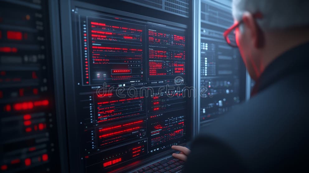 Cybersecurity Expert Analyzing Data on Multiple Screens Stock Illustration - Illustration of ...