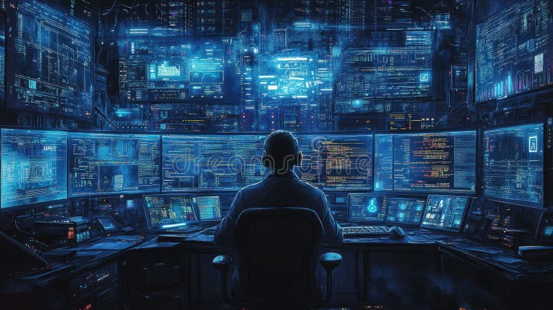 Cybersecurity Expert in a Futuristic Control Room Stock Illustration ...