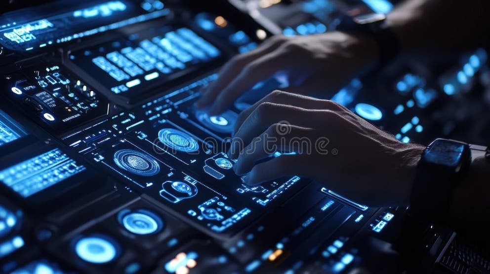 Cybersecurity Expert Operating Futuristic Control Panel with Biometric ...