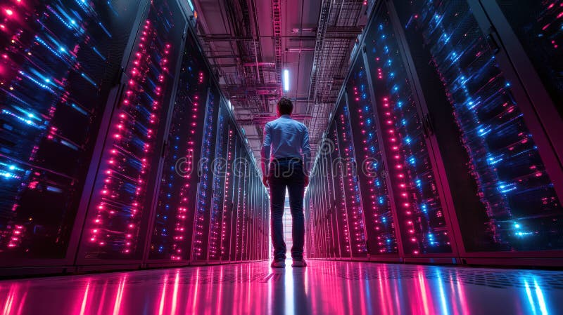 Cybersecurity Expert Stands in Data Center Surrounded by Glowing Server ...