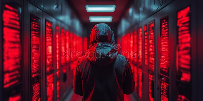 Cybersecurity Expert Monitoring Firewalls in a Data Center during a ...