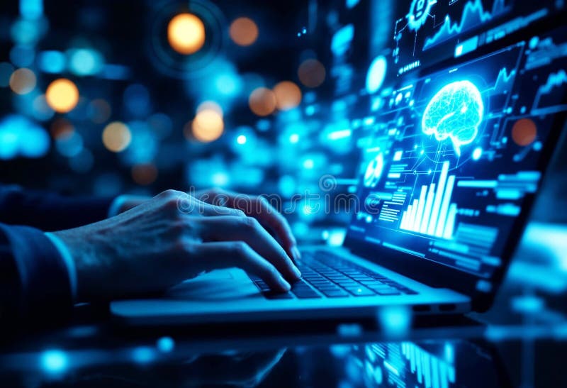 Cybersecurity Expert Typing with Holographic Data Visualization and Glowing Blue Interface Stock ...