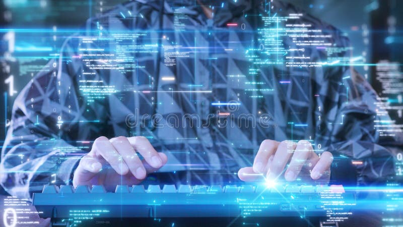 Cybersecurity Expert Typing On A Keyboard Surrounded By Floating Digital Codes Binary Numbers