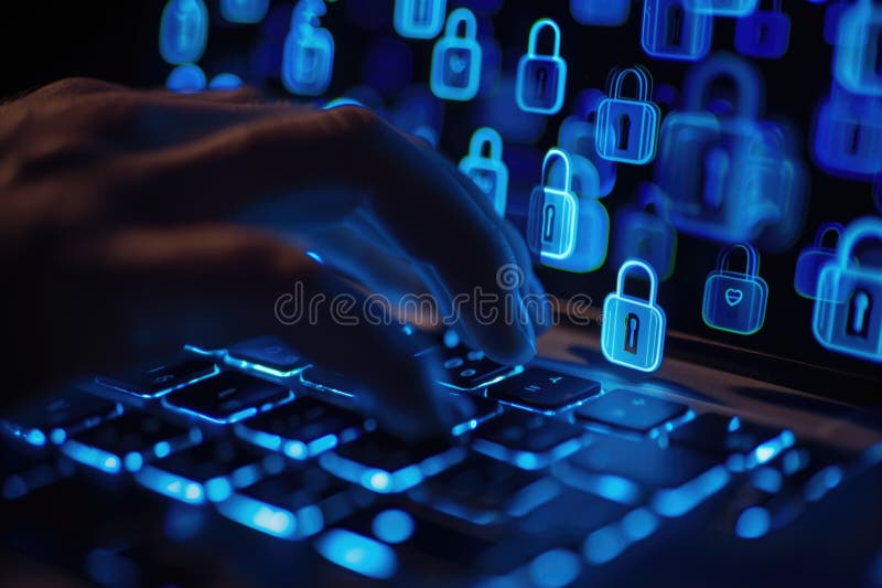 Cybersecurity Expert Typing on a Laptop with Digital Padlock Icons ...