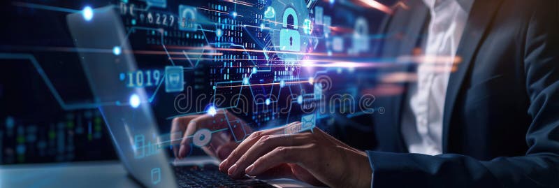 A Cybersecurity Expert Works on a Laptop, Focusing on Data Protection ...