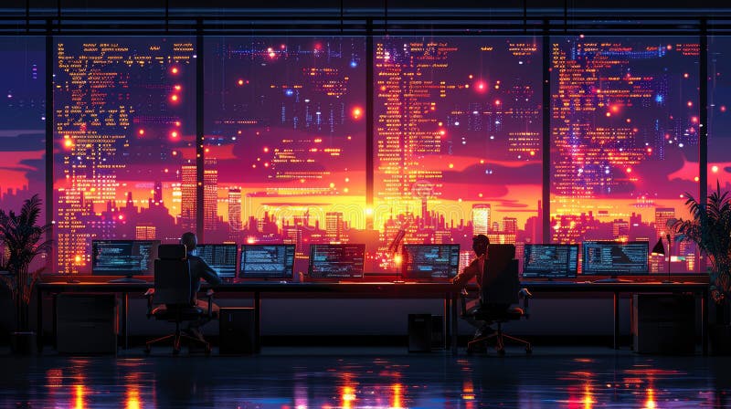 Cybersecurity Experts Working in Modern Office with Cityscape ...