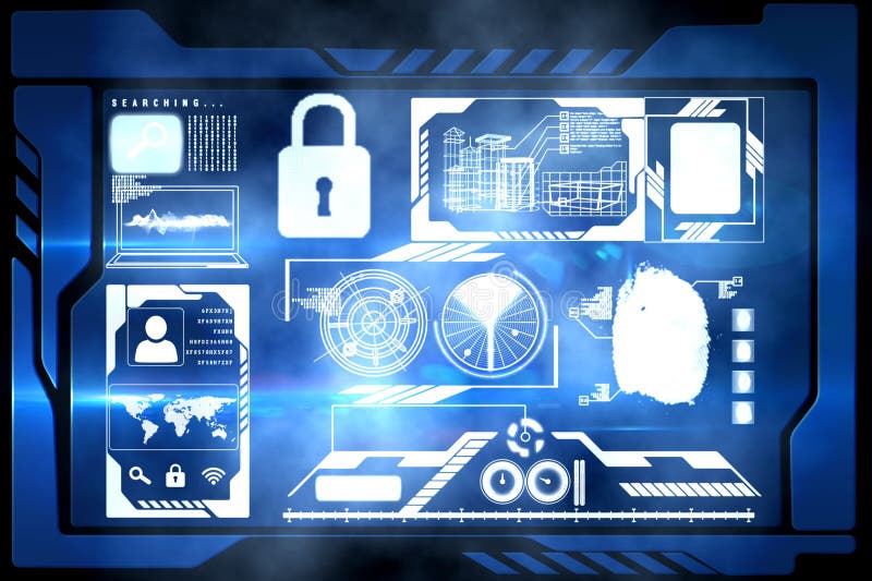 Cybersecurity Flat HUD Showing Transparent Blue Panel with Padlock, Fingerprint Scan, World Map ...
