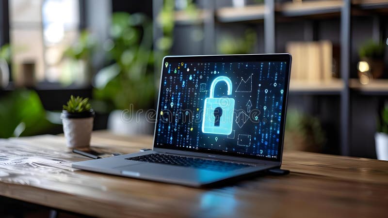 Cybersecurity Focus: Encrypted Laptop on Modern Desk. Concept ...