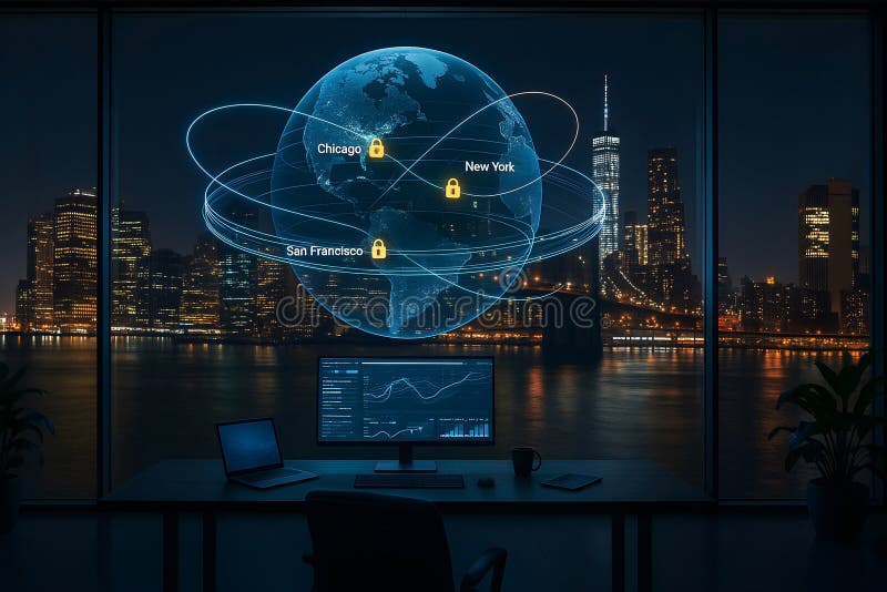 Cybersecurity and Global Network Data Protection Concept Depicted by a View of a Modern Office ...