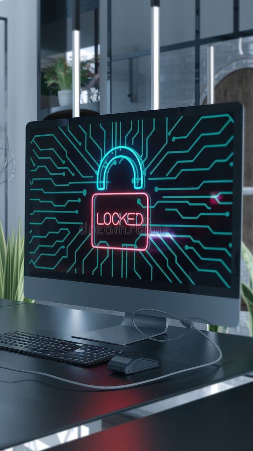 Cybersecurity Graphic with Red "Locked" and Binary Code Stock ...
