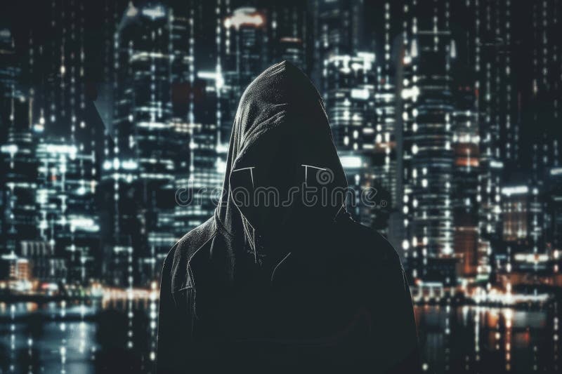 Cybersecurity And Hacker Computer Hacker In Mask And Hoodie Over Abstract Binary Background