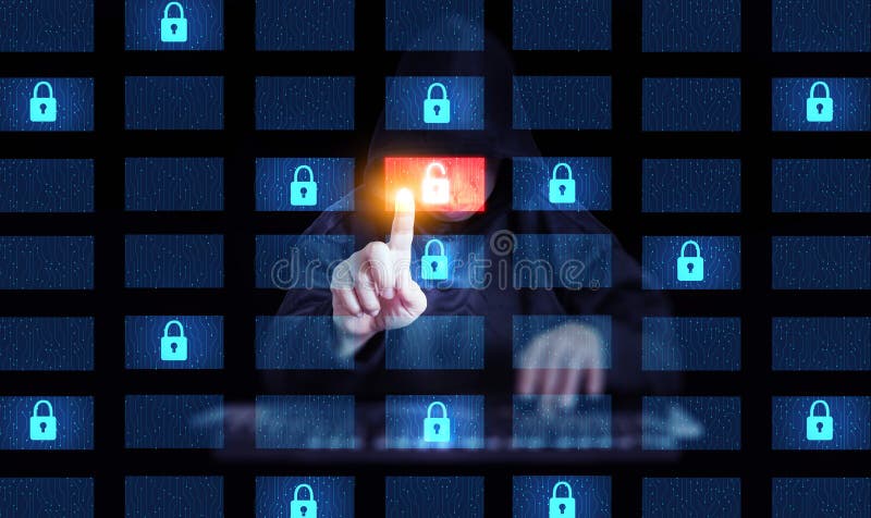 Cybersecurity Hacker Concept with Digital Lock Icons and Hooded Figure ...