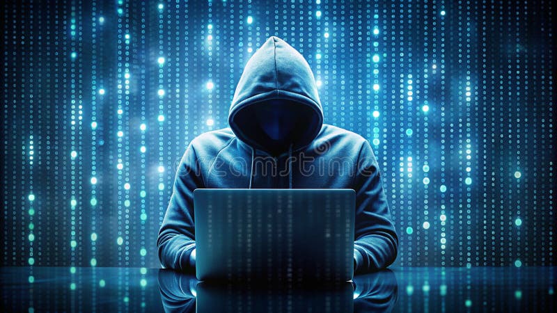 Cybersecurity Hacker Concept Hooded Figure with Laptop in Digital ...