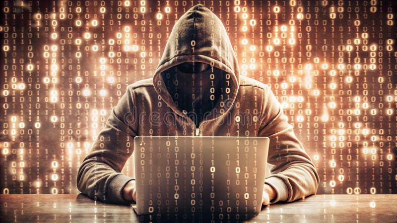 Cybersecurity Hacker Concept Hooded Figure with Laptop in Digital ...
