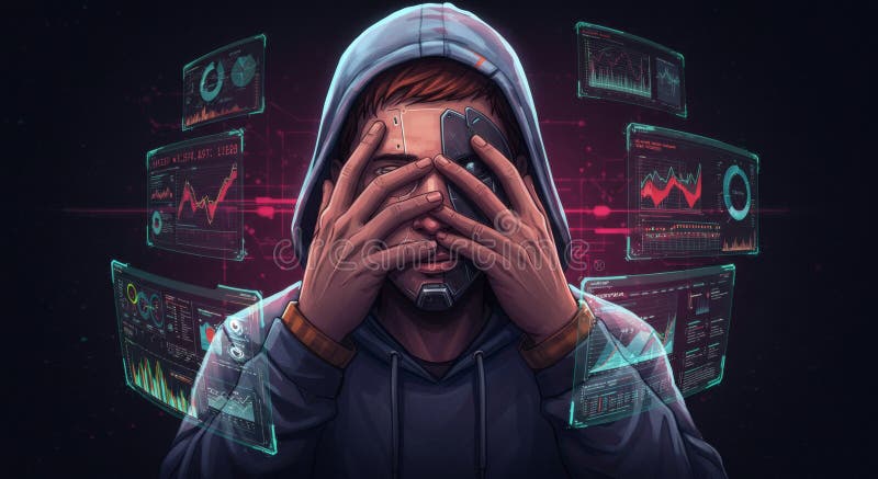 Cybersecurity Hacker Covering Eyes Surrounded by Data Charts and ...