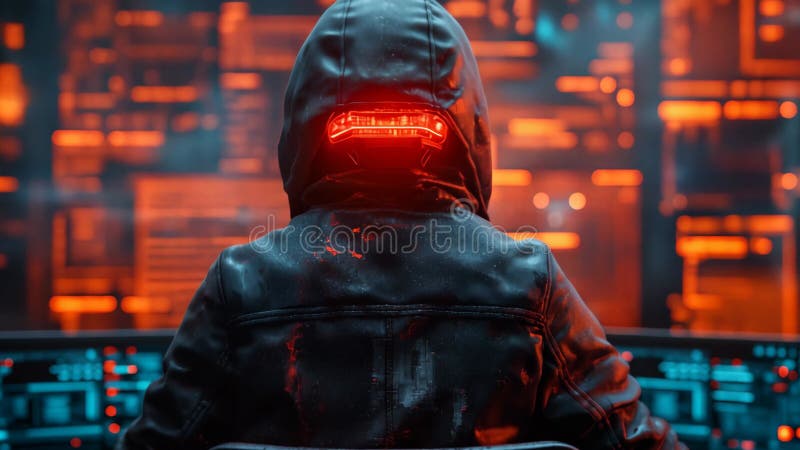 A Cybersecurity Hacker in a Data Center with a Digital Code Overlay is ...