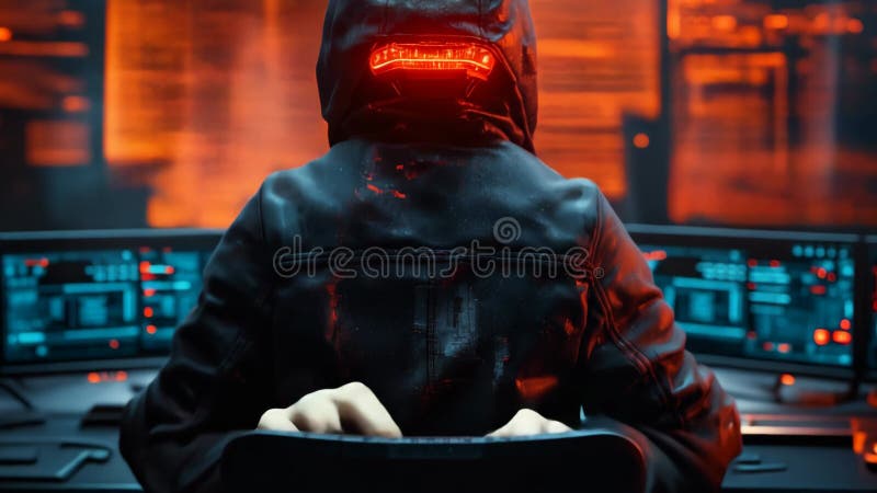 A Cybersecurity Hacker in a Data Center with a Digital Code Overlay is ...