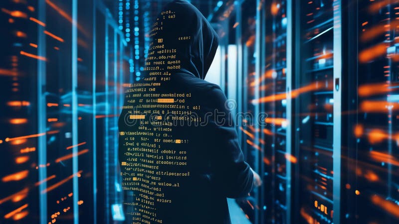 A Cybersecurity Hacker in a Data Center with a Digital Code Overlay is ...