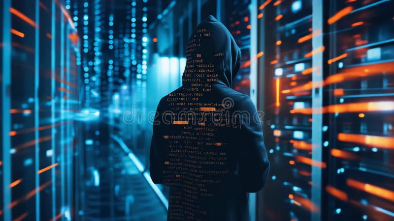 A Cybersecurity Hacker in a Data Center with a Digital Code Overlay is ...