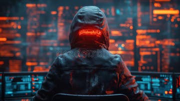 A Cybersecurity Hacker in a Data Center with a Digital Code Overlay is Depicted in the Image ...