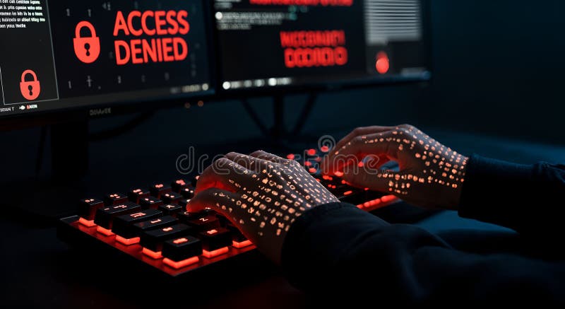 Cybersecurity Hacker Red Alert Access Denied Digital Hands Typing Keyboard Risk Data Code Crime ...
