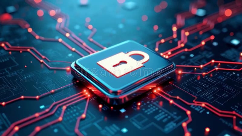 Cybersecurity Icon: Padlock on Electronic Circuit with Red Traces Stock ...