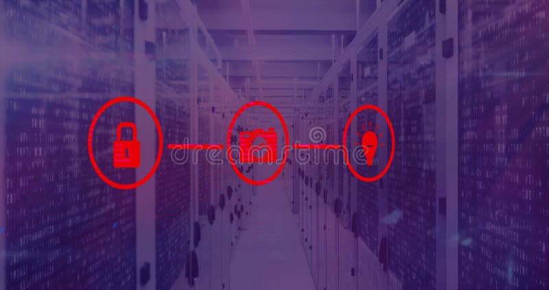 Cybersecurity Icons Animation Over Data Center Servers Stock Video ...