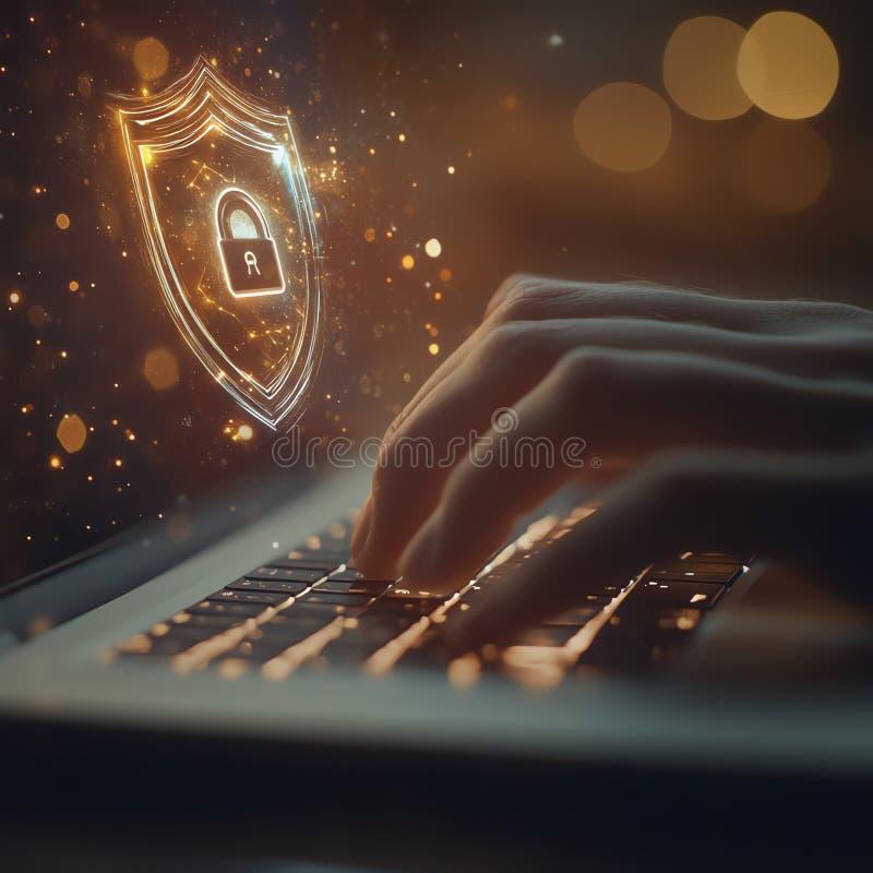 Cybersecurity Illustration: Digital Shield and Lock Stock Photo - Image ...