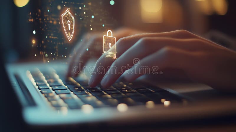 Cybersecurity Illustration: Digital Shield and Lock on Laptop Stock ...