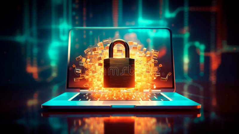 Cybersecurity Illustration with High-tech Padlock Protecting a Laptop ...