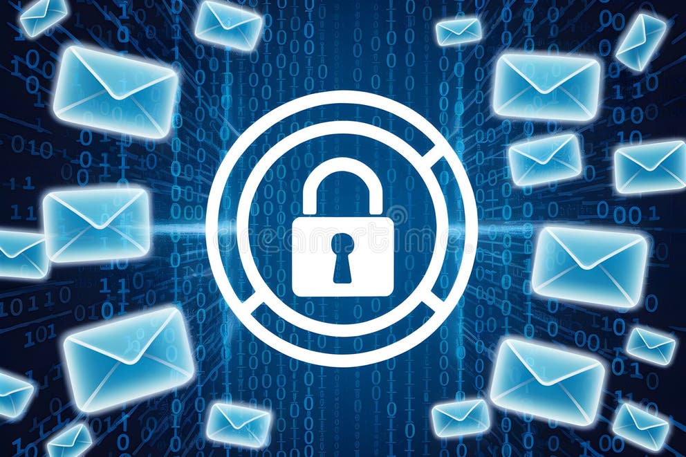 Cybersecurity Image with Central Padlock Icon, Floating Envelopes ...