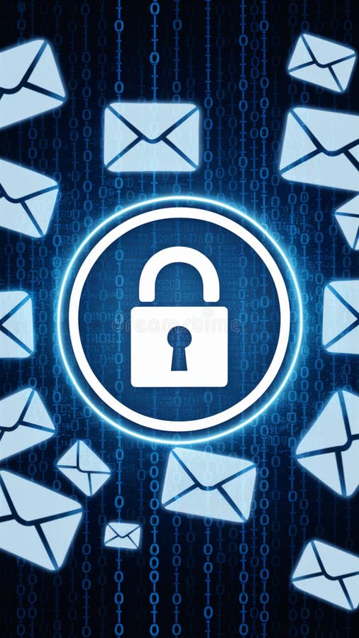 Cybersecurity Image with Central Padlock Icon, Floating Envelopes ...