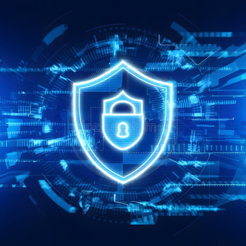 Cybersecurity Image Shield Icon in Bright Blue Amidst Abstract Digital ...