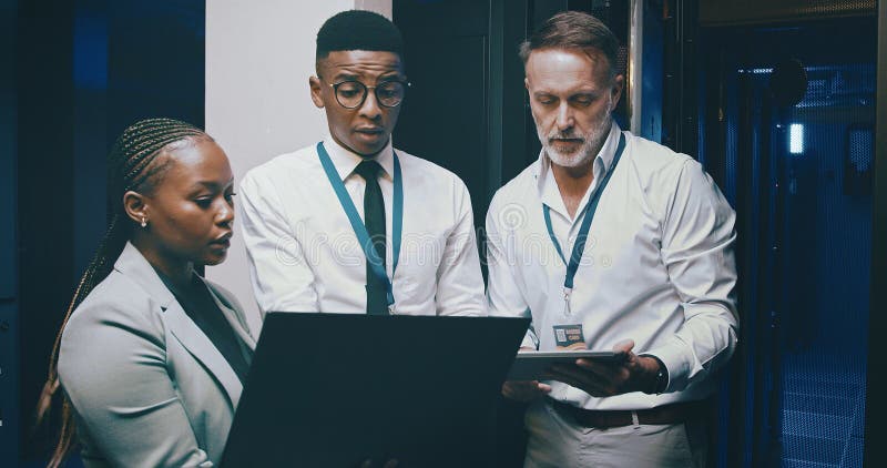 Cybersecurity, Laptop and Upgrade with People in Server Room Together ...