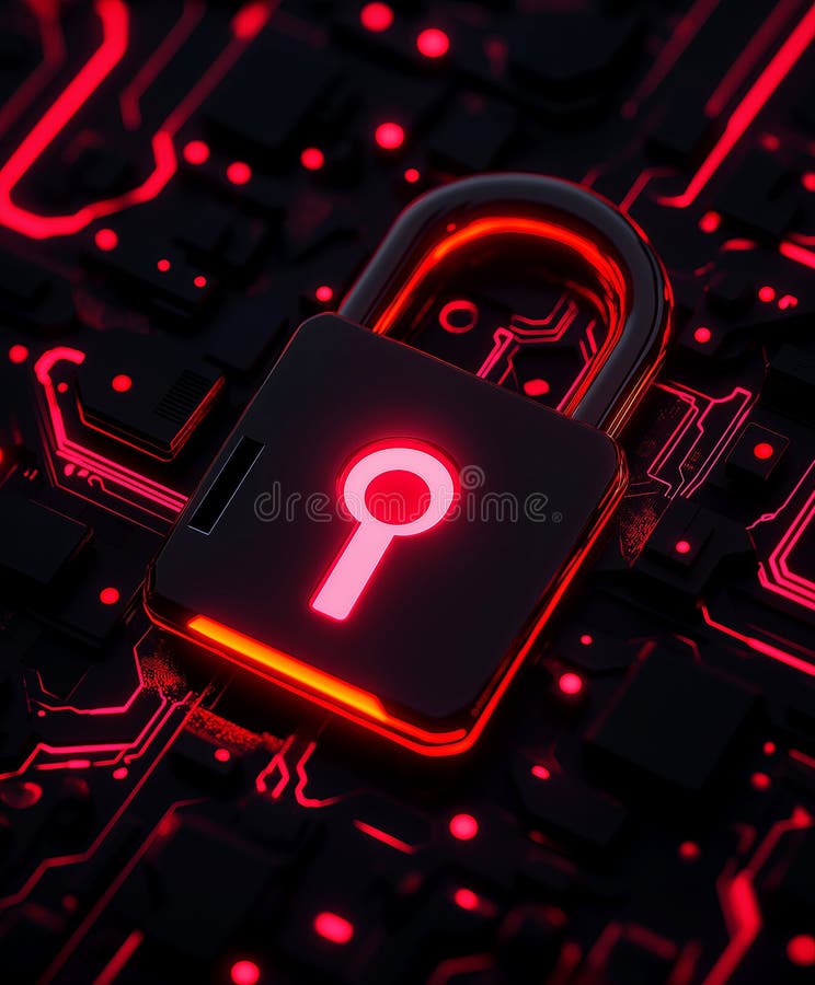 Cybersecurity Lock on Circuit Board, Futuristic Security Illustration ...