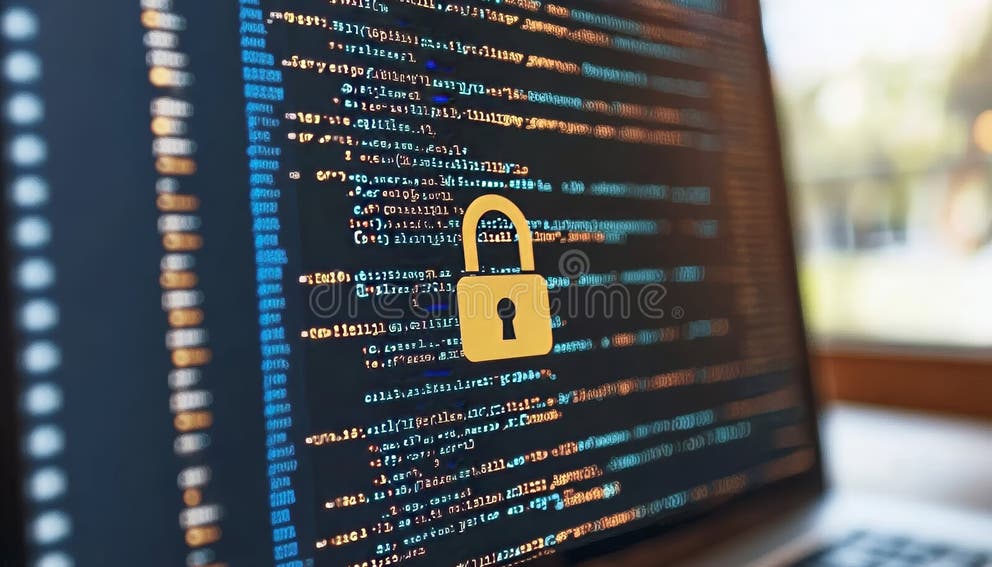 Cybersecurity Lock on Computer Screen with Code, Secure Programming and ...